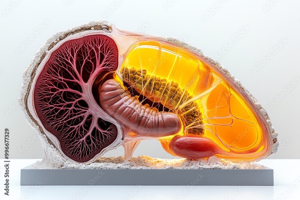 Hyper-Realistic cross-section of the pancreas, showing its connection ...