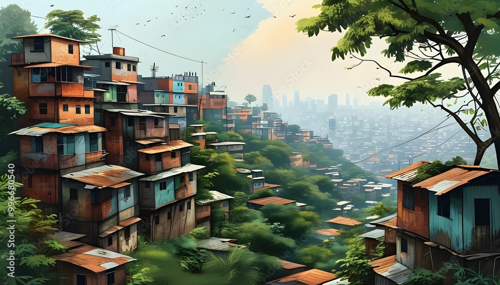 vivid portrayal of a vibrant slum landscape reflecting the life and ...