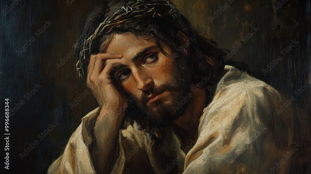 A close-up portrait painting of Jesus Christ, depicted as a young man ...