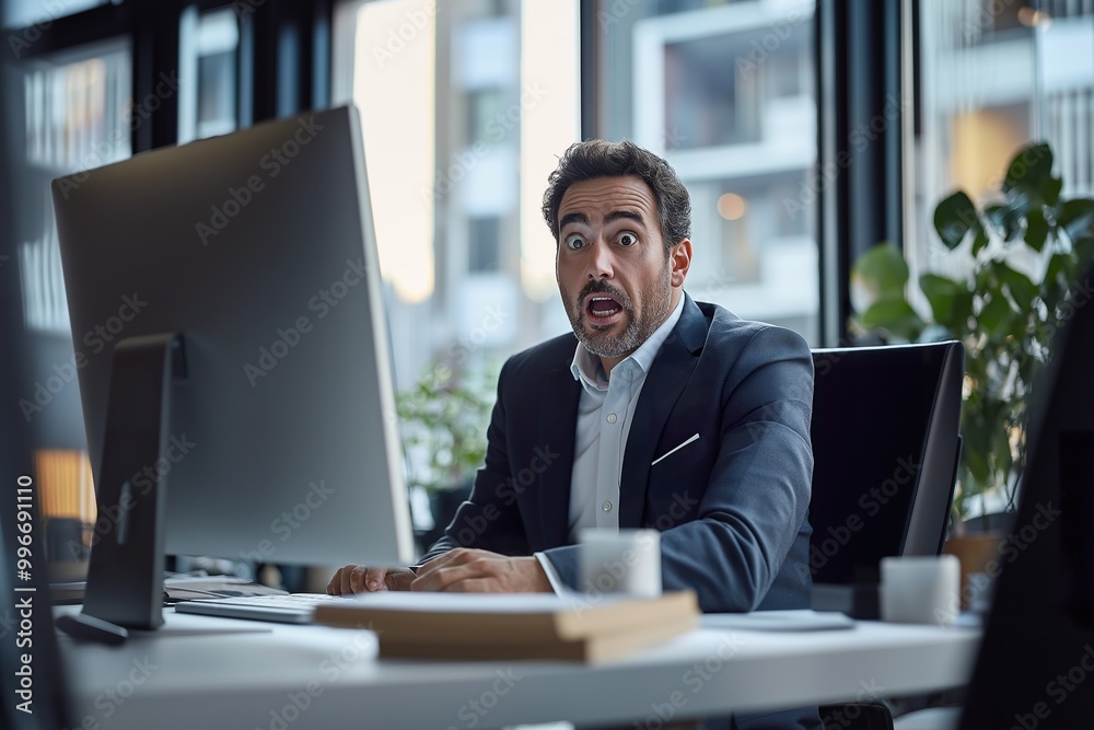 Office worker shocked by deep fake email scam while sitting at his desk ...