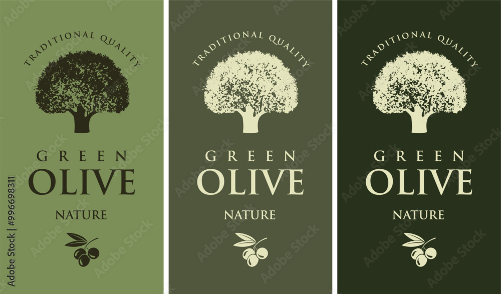 Set of vector labels for olives or olive oil with olive tree design in ...