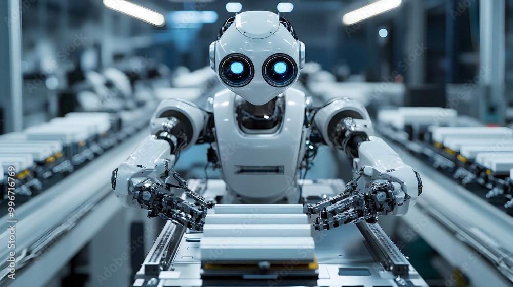 An industrial robot with multiple lenses scanning and testing products ...