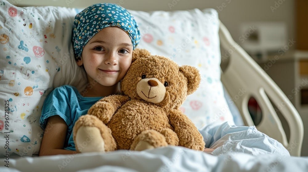 Pediatric patient with a brain tumor sitting in a hospital bed, holding ...