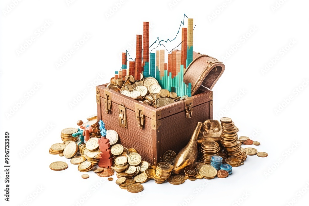 a stylized depiction of a treasure chest overflowing with coins, charts ...