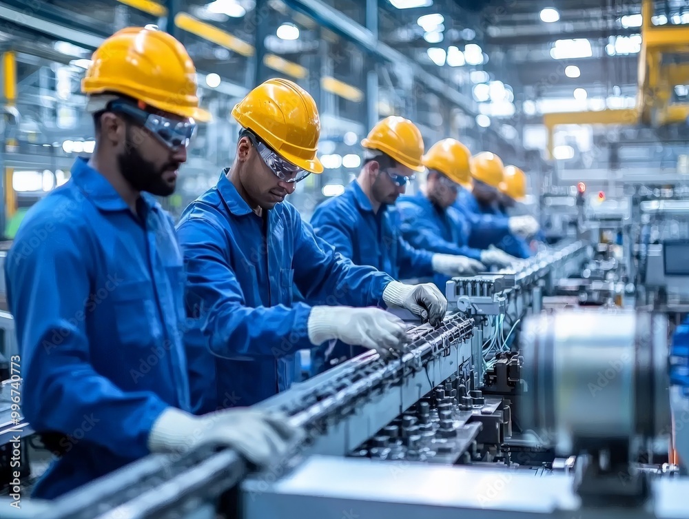 A team of workers on a production line, each performing their tasks ...