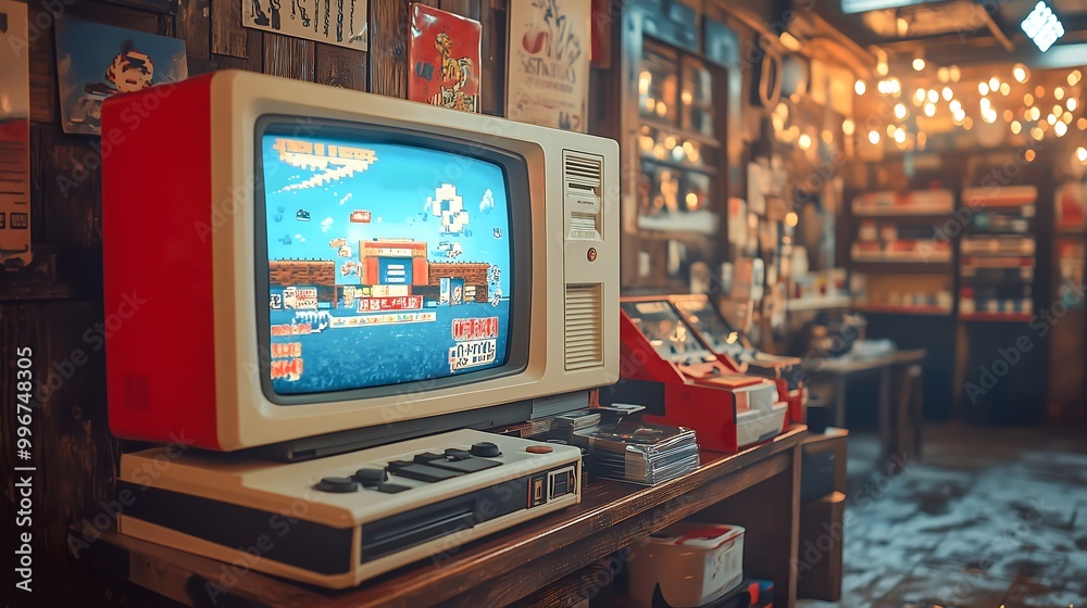 retro TV with a retro game on the screen, next to it a retro game ...