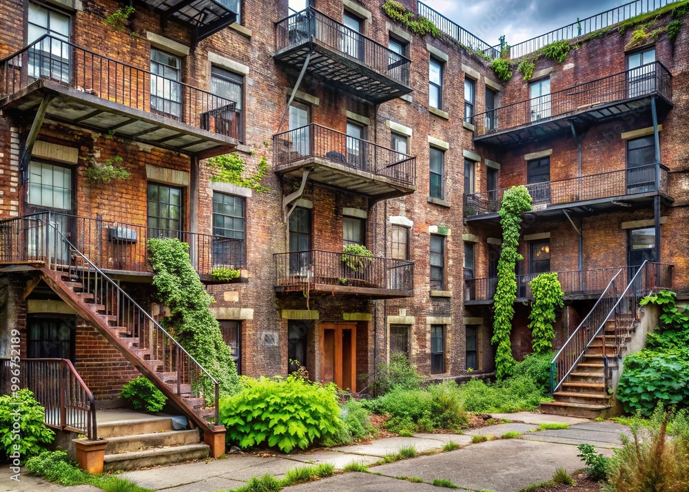 Aged, worn, and faded, a vintage apartment complex stands tall, its ...