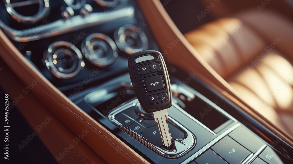 Inside the car, a remote control key and a stylish keyring shaped like ...