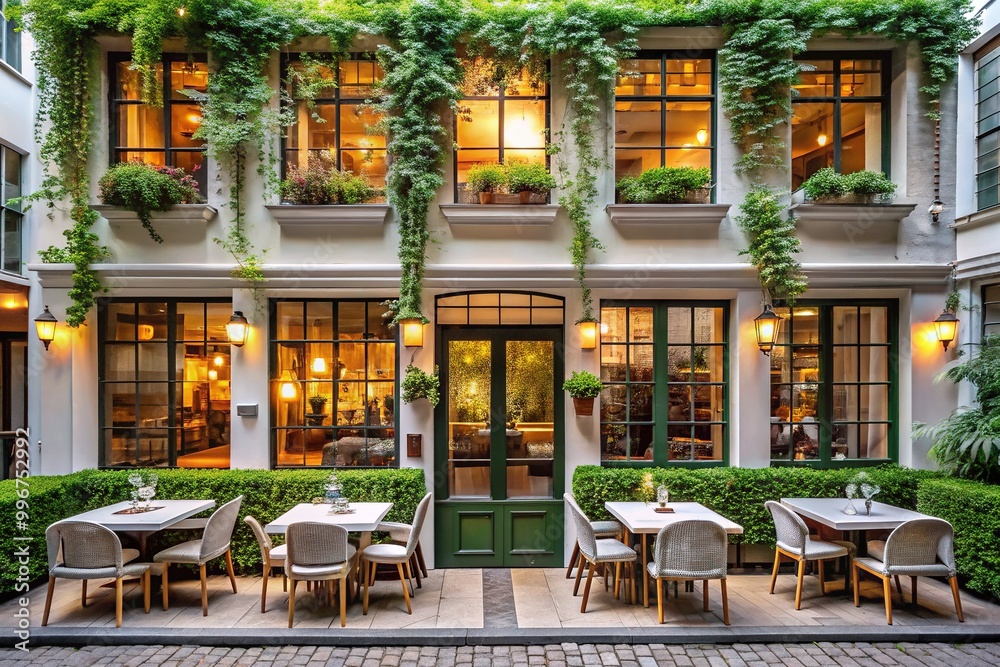 Charming modern restaurant exterior with a predominantly white facade ...
