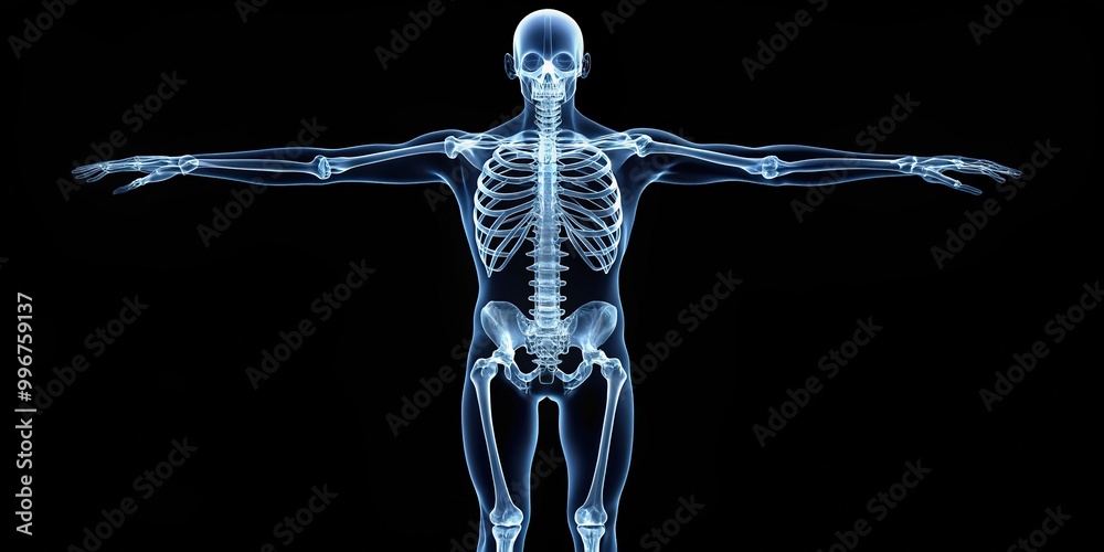 High-contrast X-ray image of the human skeletal system, showcasing ...