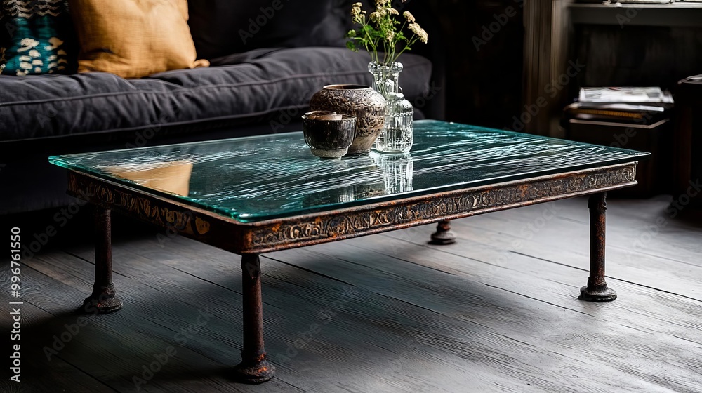 Vintage coffee table with scratched glass top, chipped paint, and ...