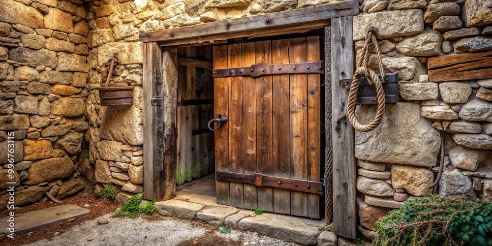 Rustic wooden bulkhead door with metal hardware stands partially open ...