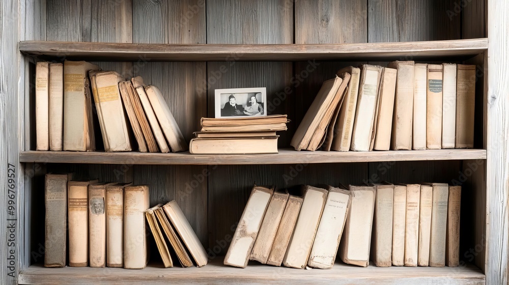 Weathered wooden bookshelf with sagging shelves, filled with dusty ...