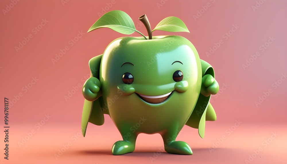Cheerful 3D apple superhero with a cape, smiling in a dynamic pose ...