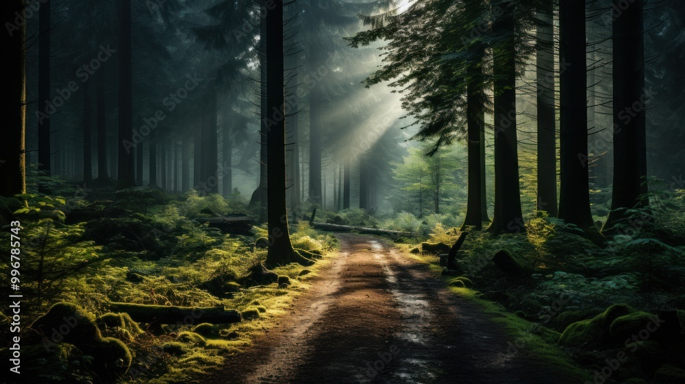 Sun rays filter through the dense forest canopy along a tranquil path ...