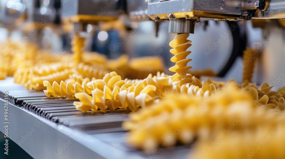pasta production line in a modern factory, where different shapes of ...