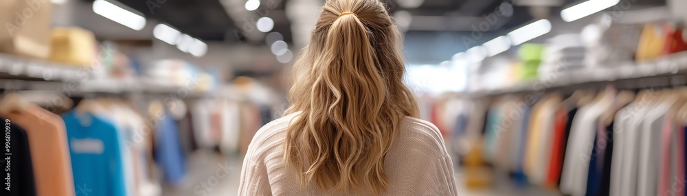 Woman with blond hair shops for clothes in a modern store, facing the ...