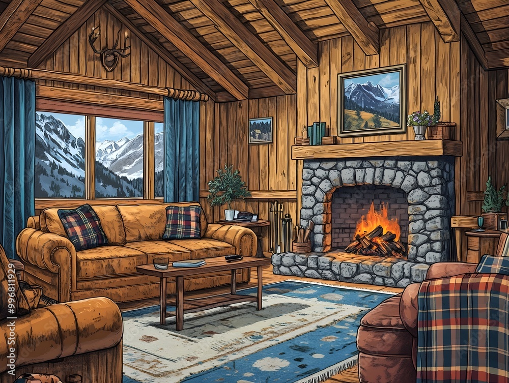 Cozy and inviting mountain cabin living room with a stone fireplace ...