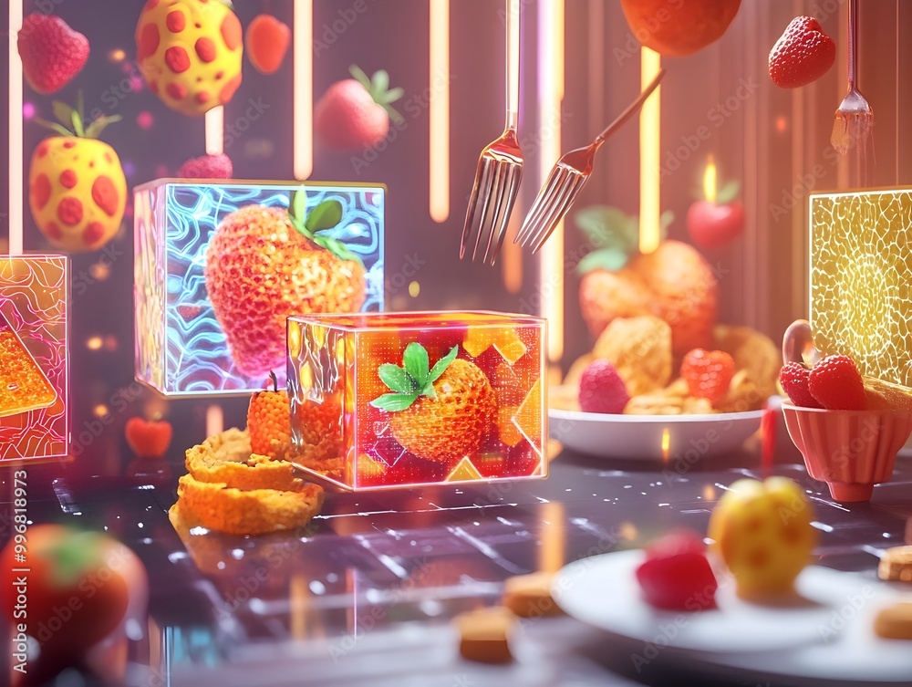 Futuristic breakfast scene featuring holographic cereal boxes with ...