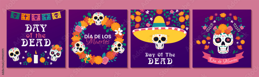 Dia de los Muertos greeting cards with colorful skulls and marigolds ...