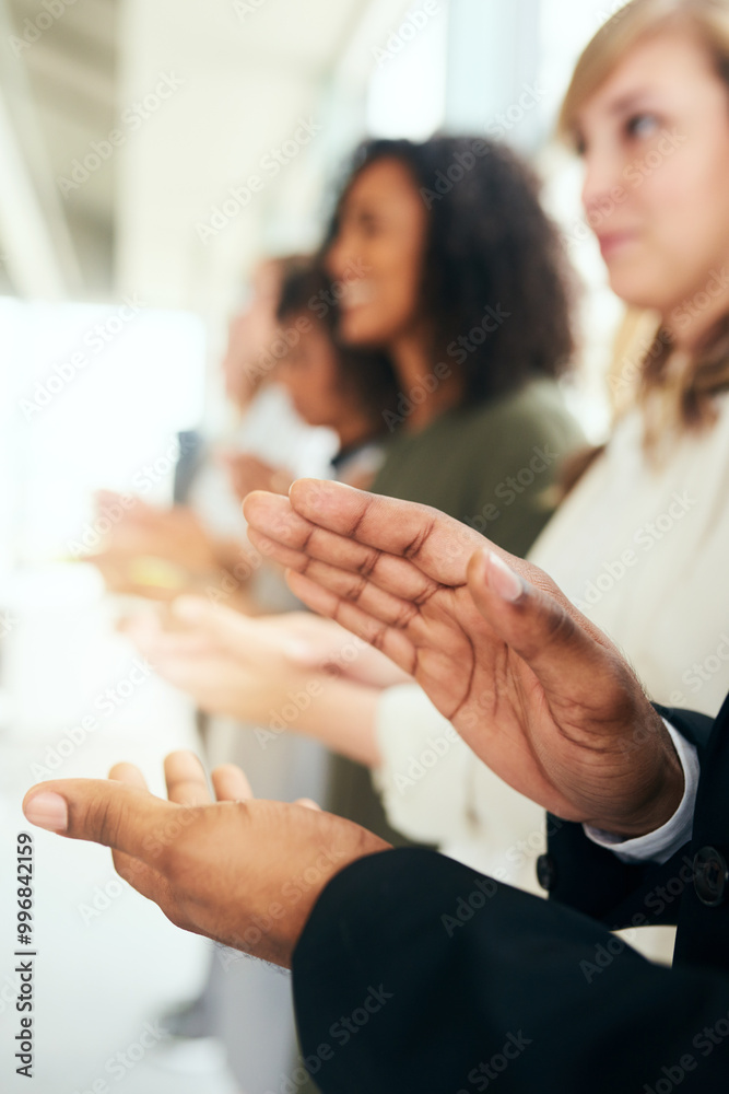 Hands, employees and people with applause in row at office in seminar ...