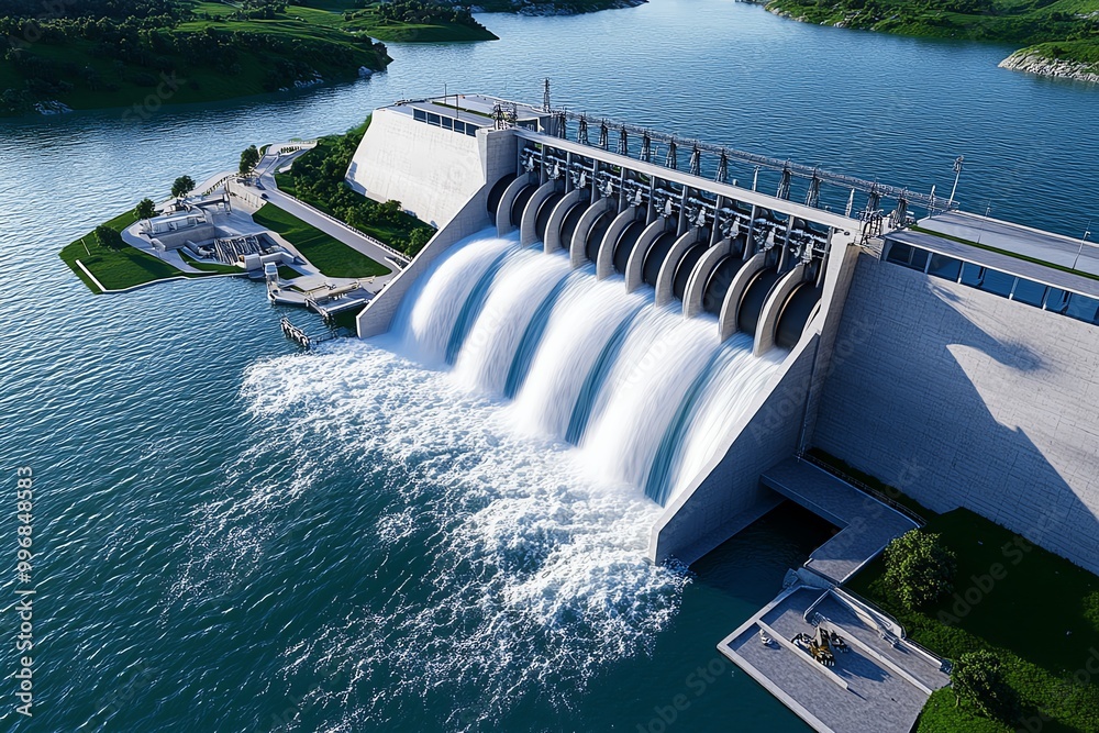 A 3D-visualization of a hydroelectric dam, showing water flowing ...