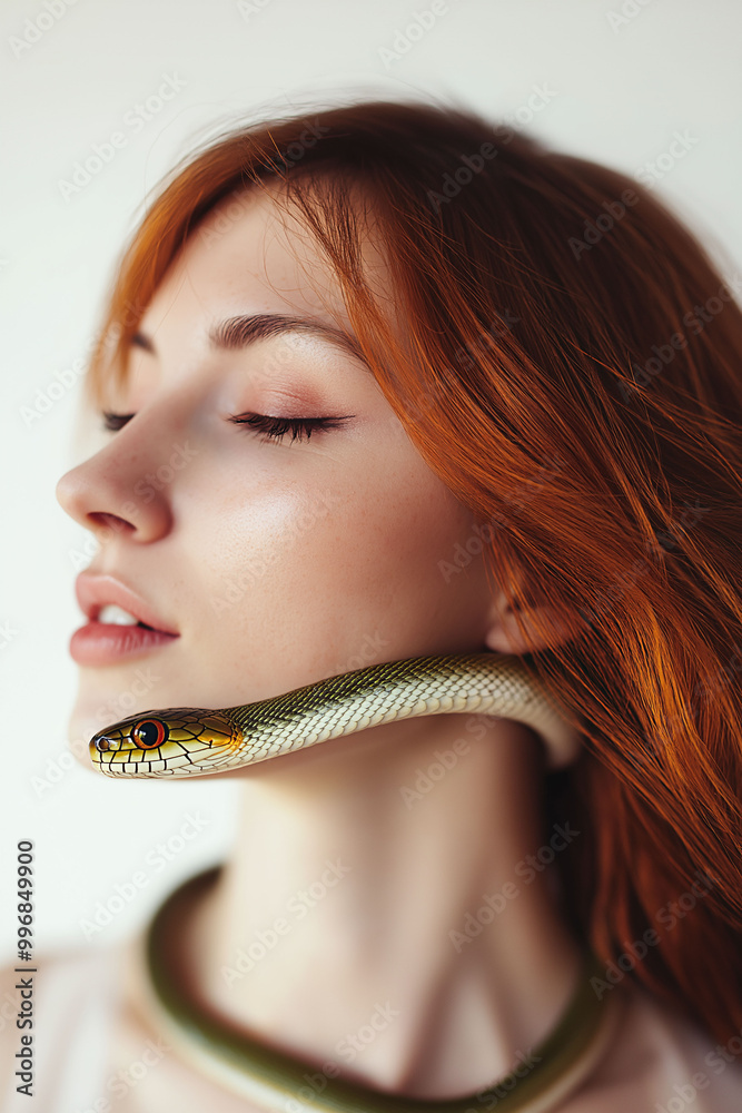 Snake, green snake, Chinese New Year 2025, woman with snake, serene ...