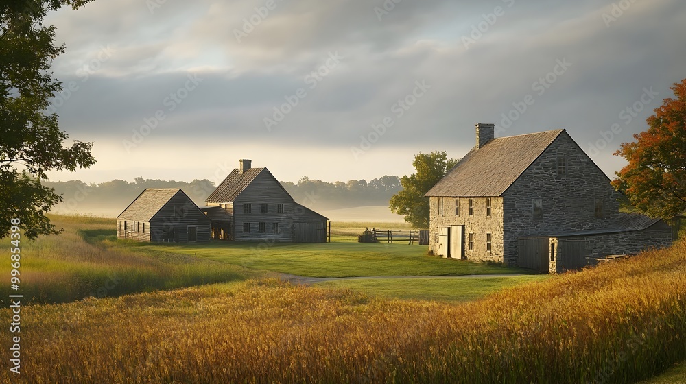 Picturesque countryside landscape with traditional stone farmhouses and ...