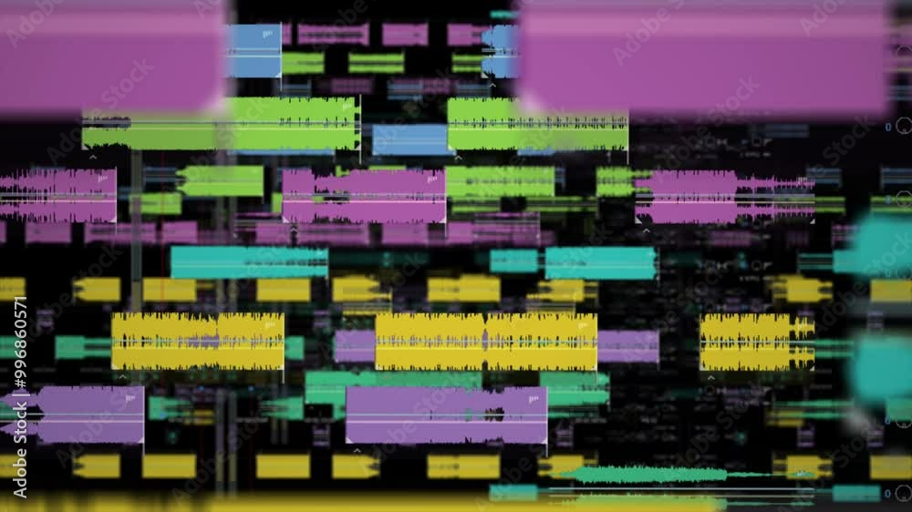 Looped CGI footage of snippets of multicoloured audio tracks or sound ...