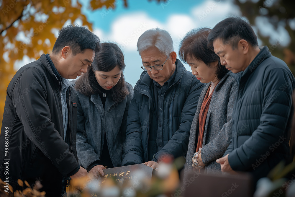 Family gathered at cemetery headstone mourning, solemn remembrance ...