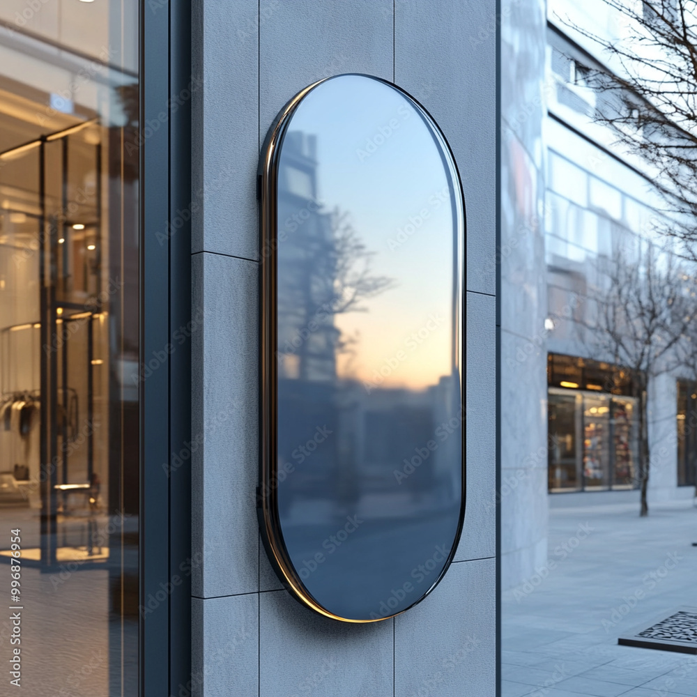 A modern oval store signage mockup is displayed on sleek building ...