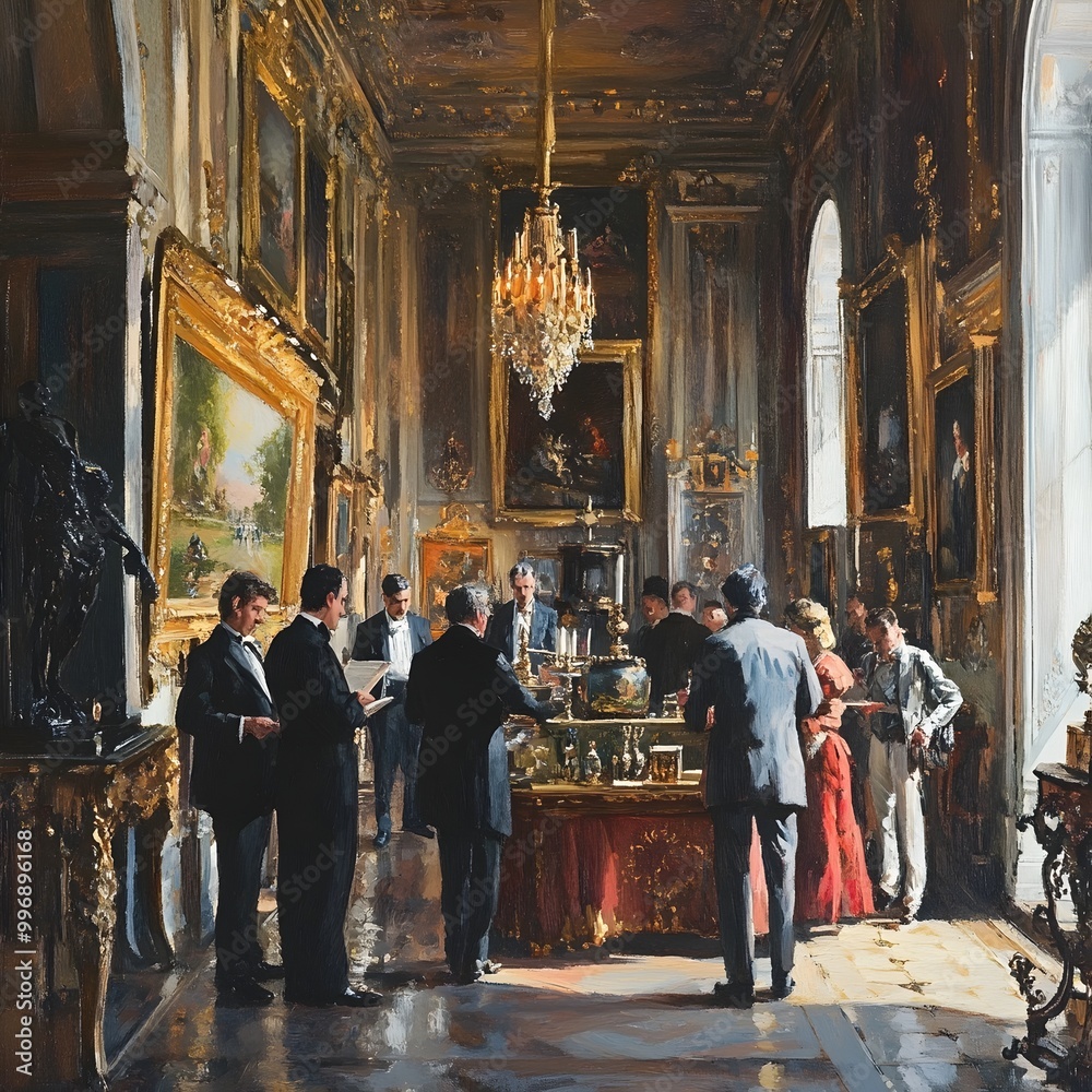 Sophisticated Black Friday auction house with elegant patrons carefully ...