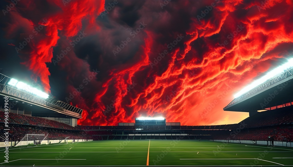 Intense football stadium under ominous red clouds creating a dramatic ...