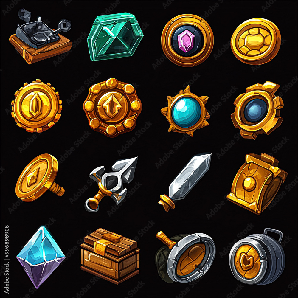 RPG Game Icon Pack: Cartoon-Style UI Elements, Fantasy Coins, Gear ...