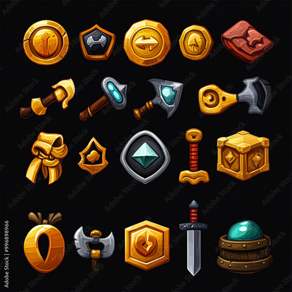 Rpg Game Icon Pack Cartoon Style Ui Elements Fantasy Coins Gear Settings Icons Vector