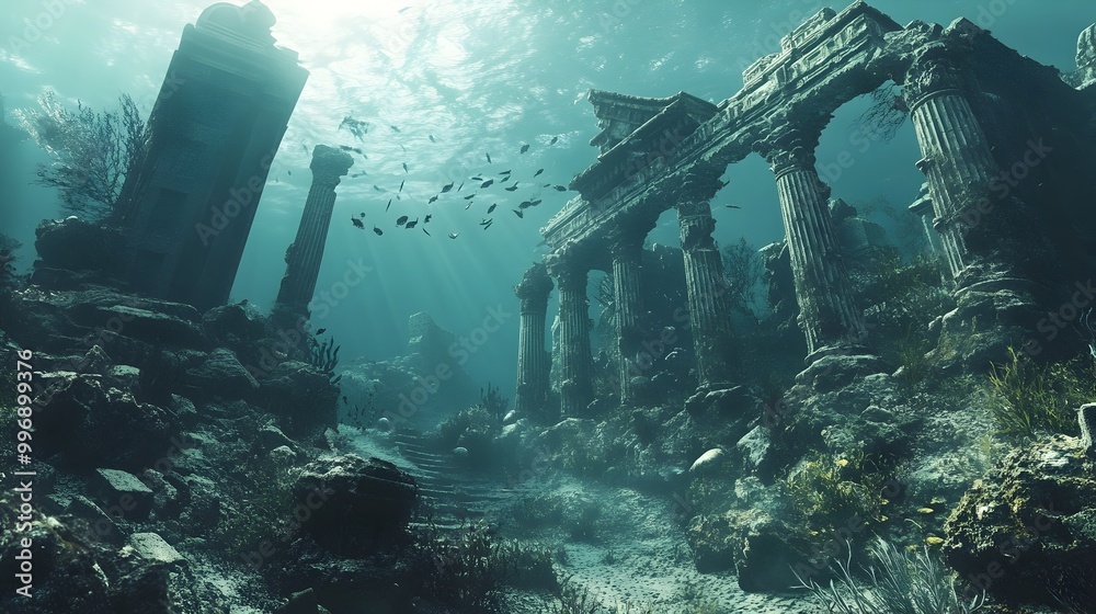 Sunken ancient ruins covered in thriving coral reefs and teeming with ...