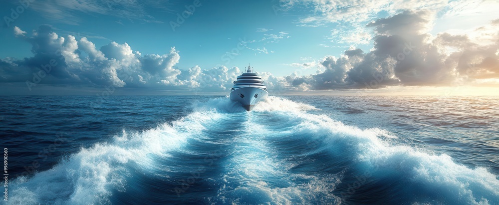 a ship leaving a wake on the sea splashing waves behind as it speeds ...