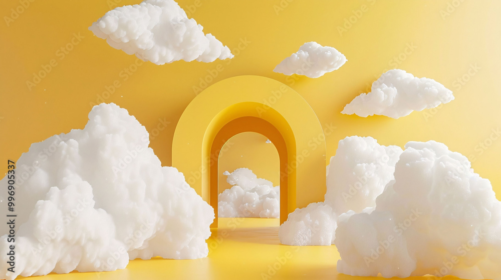 Yellow background with arches and soft white clouds in 3D rendering ...