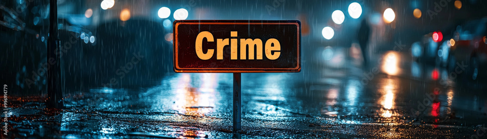 Crime sign illuminated in rain, reflecting on wet street, creates moody ...