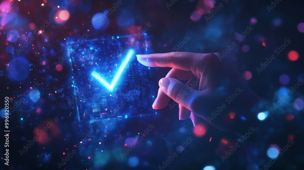 An illustration of a hand holding a glowing checkmark icon against a ...