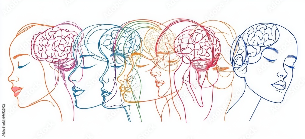 A series of line drawings showing mental disorders, abstract ideas ...