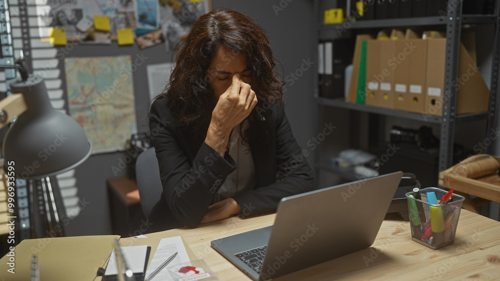 A stressed woman detective analyzes evidence at her desk in a dimly lit ...