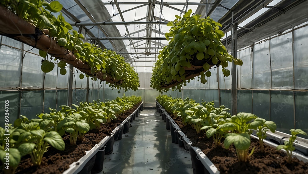 Greenhouse potato cultivation using aeroponics. Stock Photo | Adobe Stock