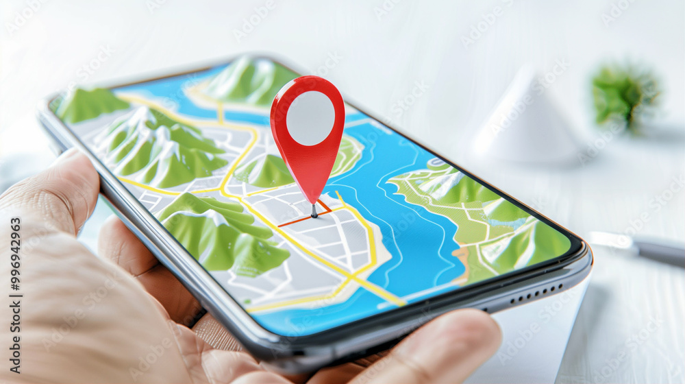 Smartphone displaying vibrant map with location pin for navigation and ...