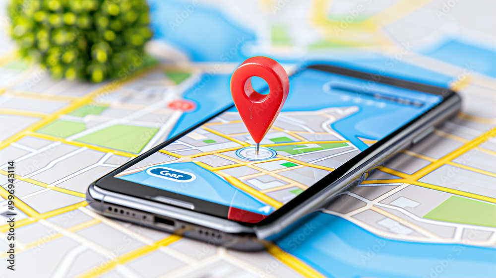 Smartphone with map on screen showing location pin and navigation ...