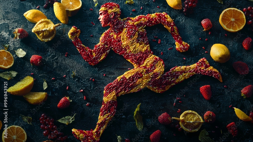 Health and lifestyle illustration of a running man made of fruits and ...