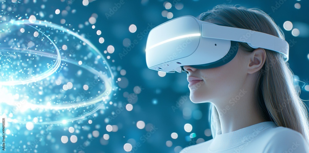 Immersive virtual reality experience with users interacting with a vibrant, digital environment ...