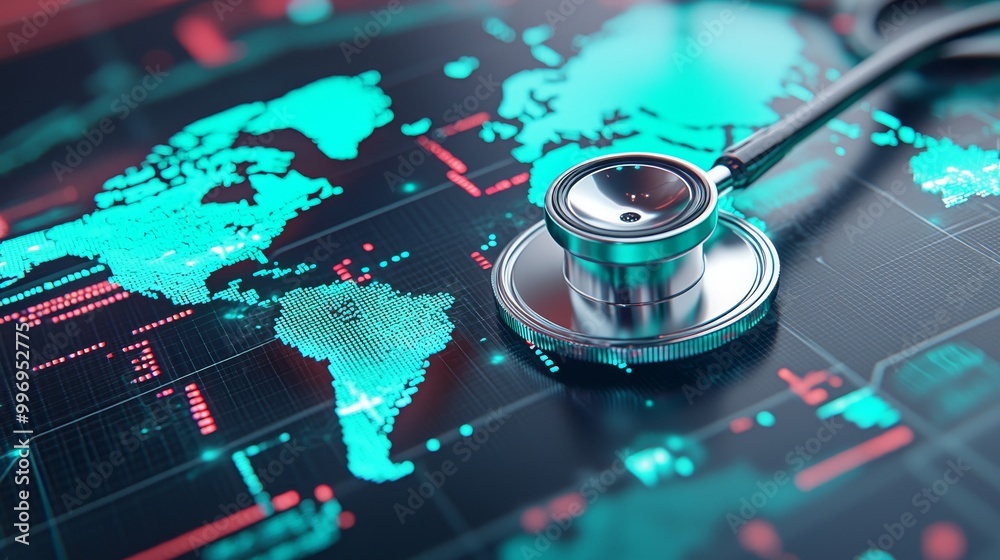 Global healthcare and connectivity highlighted by stethoscope on ...