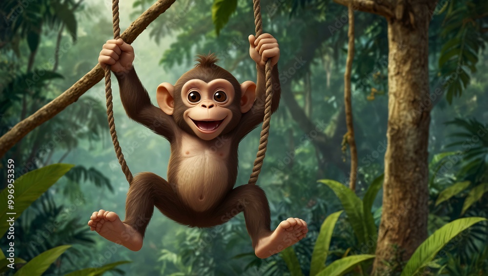 Poster Print Lively cartoon monkey swinging in the jungle. 40x22.2 cm