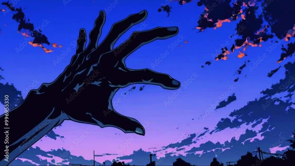 As dark clouds move sky, ghostly, skeletal hands rise from below, mist ...